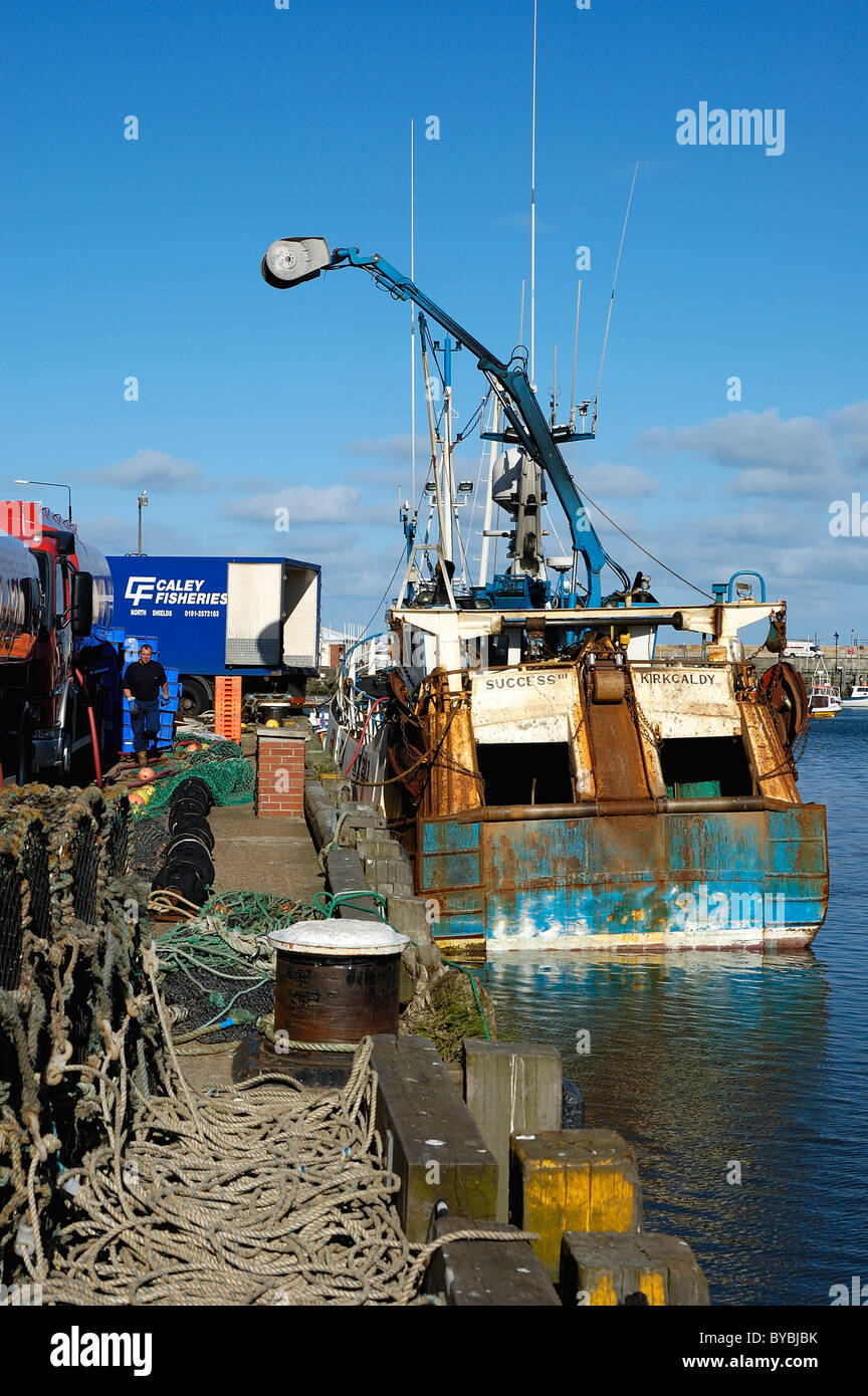 Whitby fishing trawler nets unloading england uk Stock Photo - Alamy