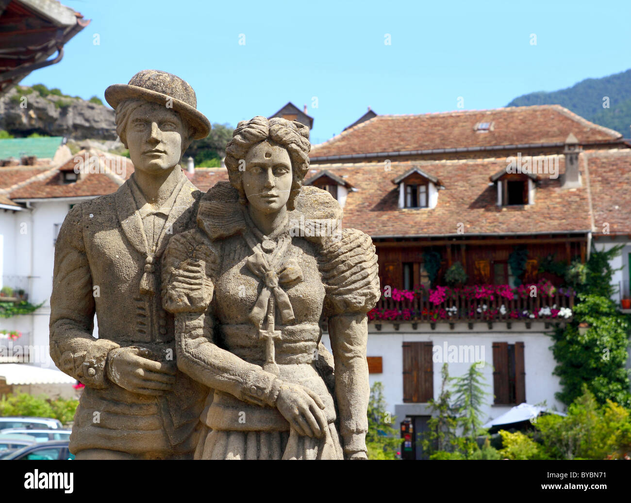 Cheso traditional costume statue in Hecho Pyrenees Spain Aragon Stock ...