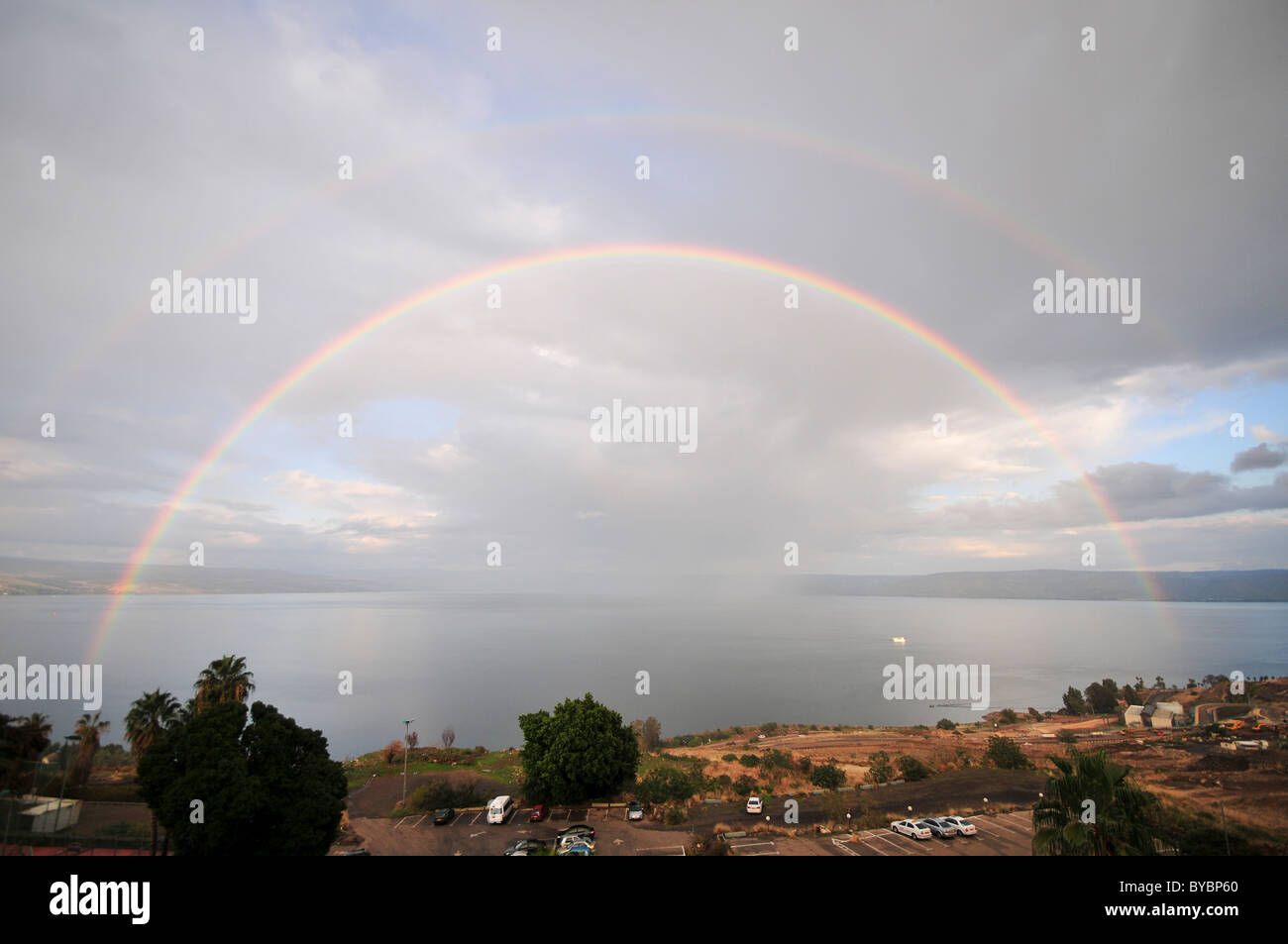 Israel, Tiberias, A double rainbow on the Sea of Galilee Stock Photo ...