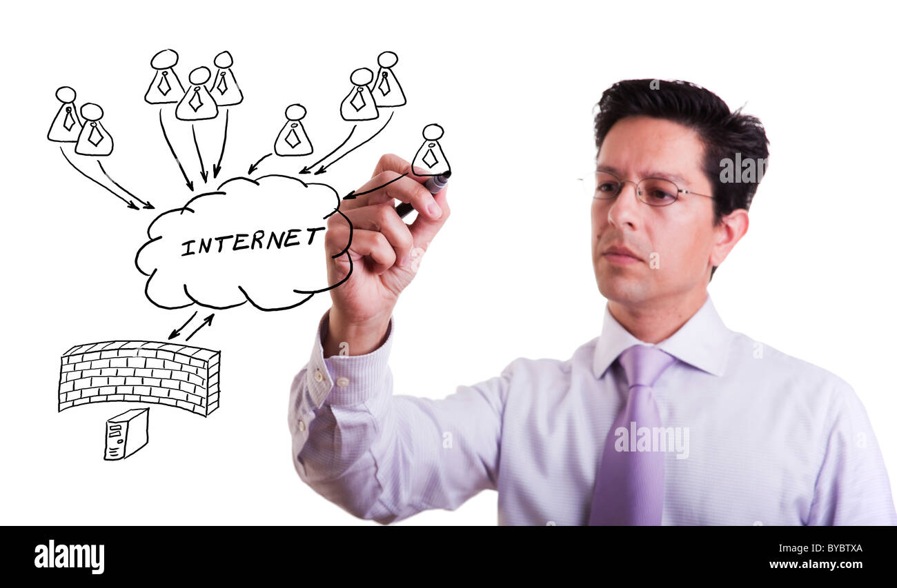 businessman drawing a security plan for a firewall system (selective ...