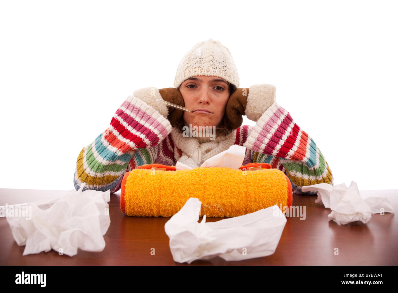sad woman whit flu symptom and a thermometer in her mouth (isolated on ...
