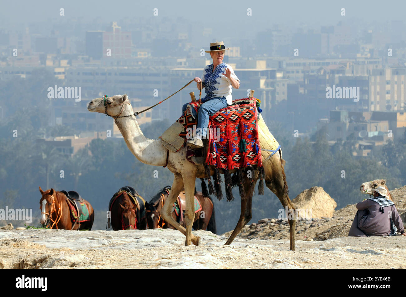 Egypt, tourist riding a camel at Giza in Egypt with Cairo city in the ...