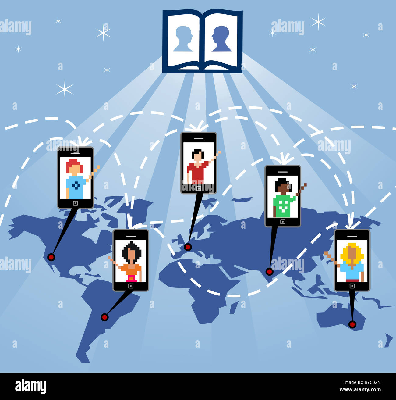 The mobile phone connects people worldwide through the social network ...