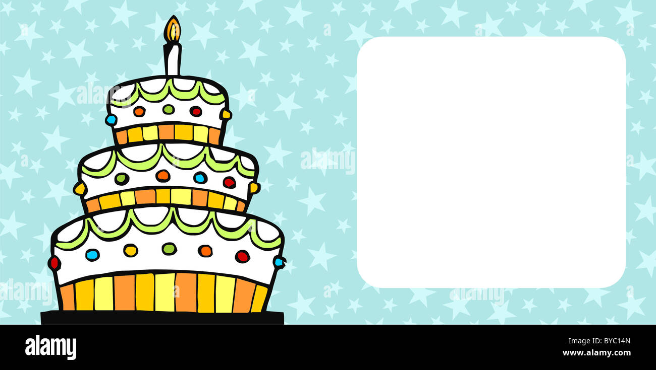 invitation card with white birthday cake on light blue background with ...