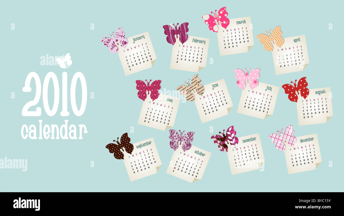 Calendar with each month of 2010 being hold by butterflies. Sky blue ...