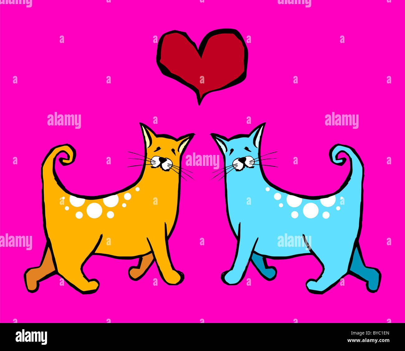 Couple of cats in love. Red heart above them on pink background Stock ...