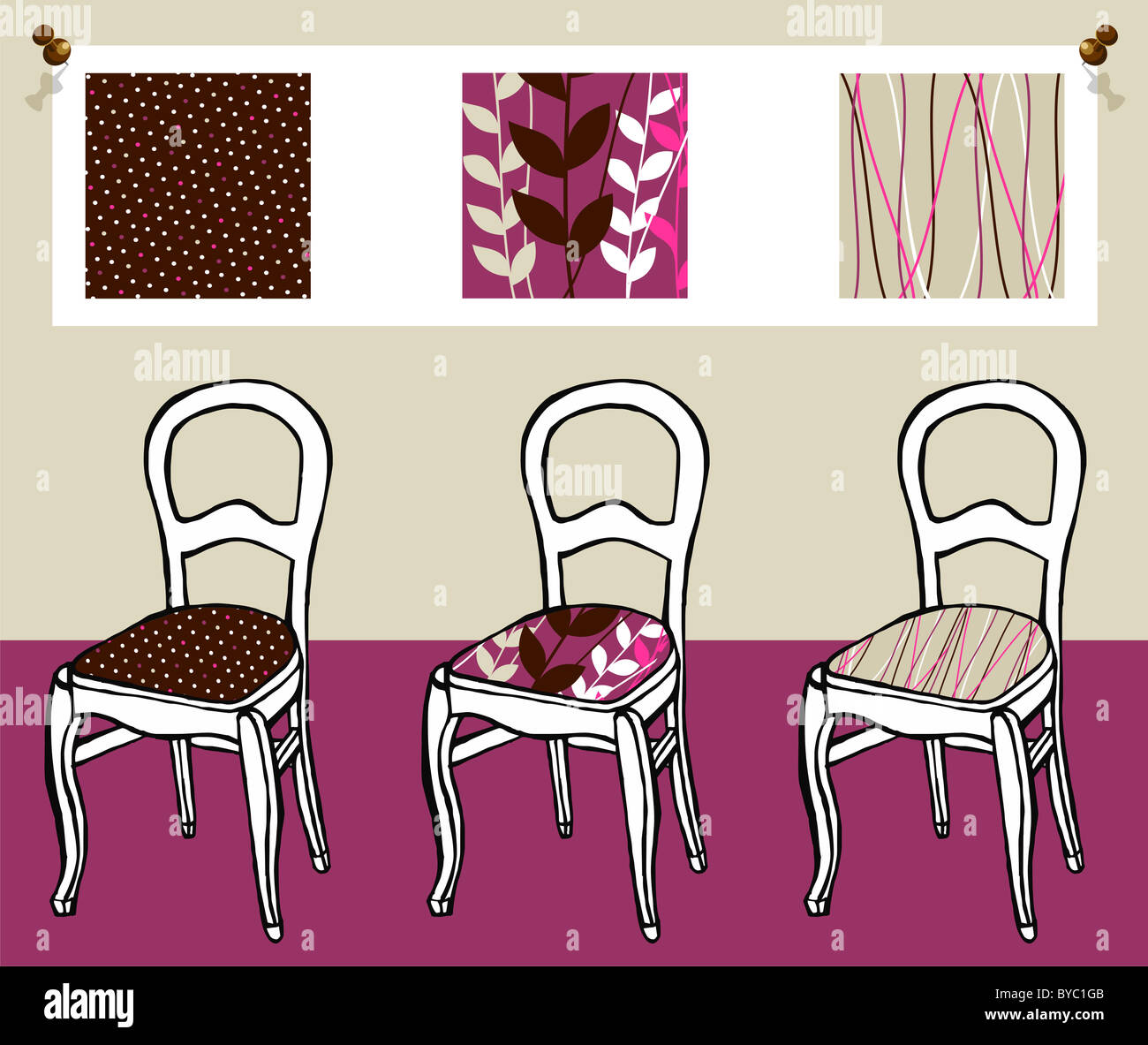 Three different upholstered chairs with respective hanging tapestry ...