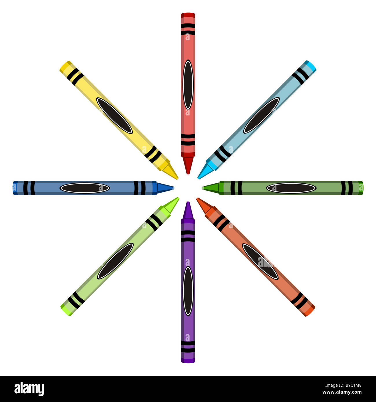 Circle of large colored crayons with the ends toward the center ...