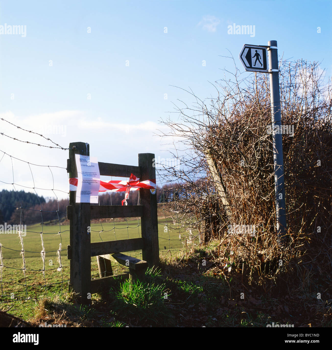 Access prohibited sign on a fence and stile during the foot and mouth ...