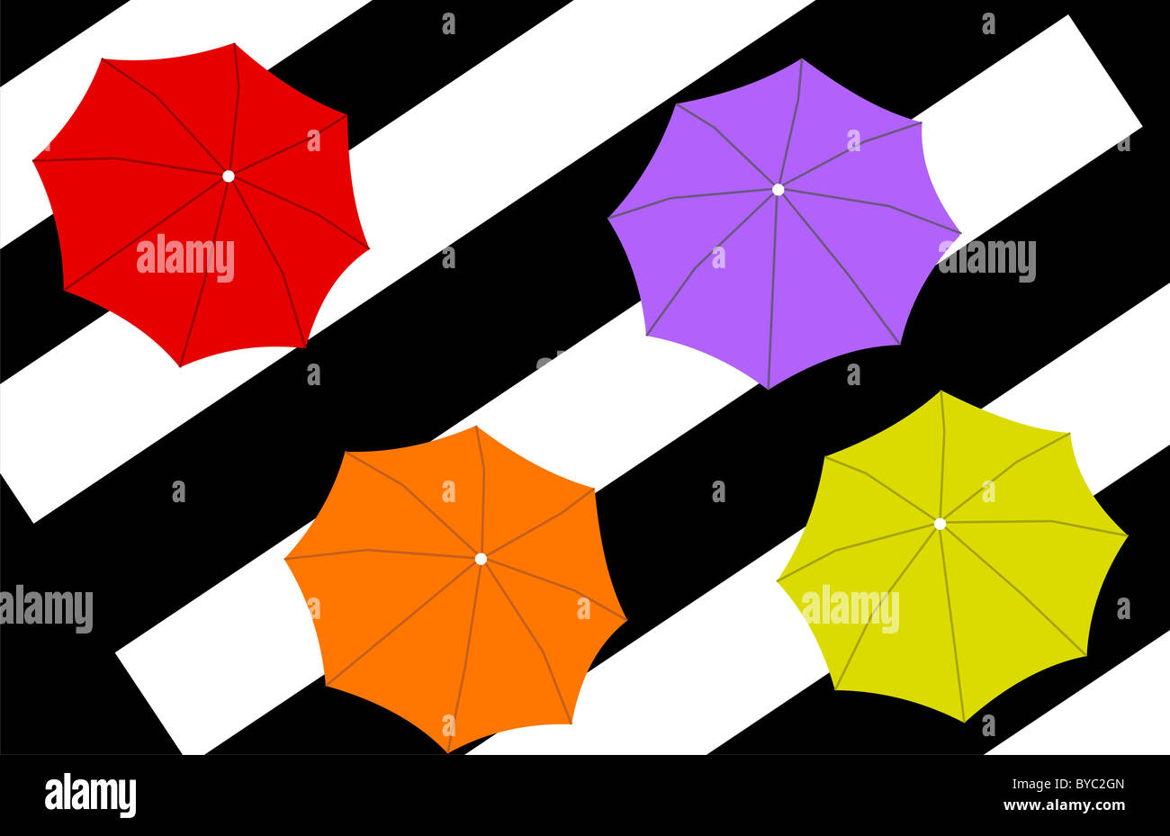 view from above of four umbrellas of different colors on diagonal ...