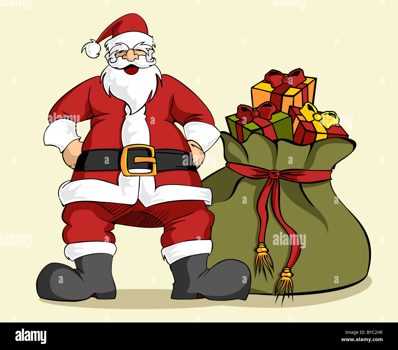 Happy Santa Claus laughing with hands on hips with a large Christmas ...