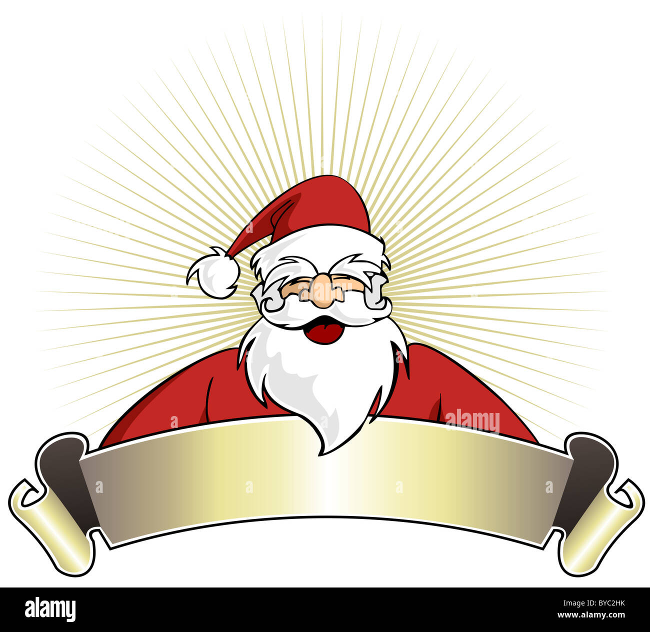 Happy Santa Claus with blank banner on golden striped background ...