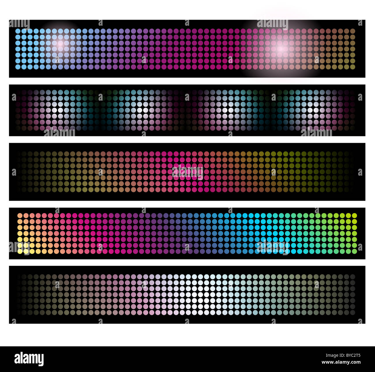 Five horizontal black bars filled with multicolored dots following a ...