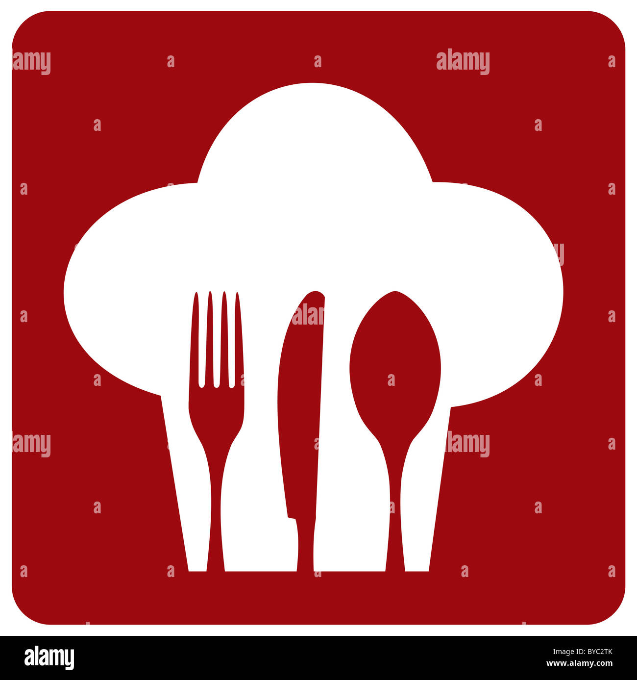 Chef icon. Chef hat silhouette with cutlery inside on red background ...