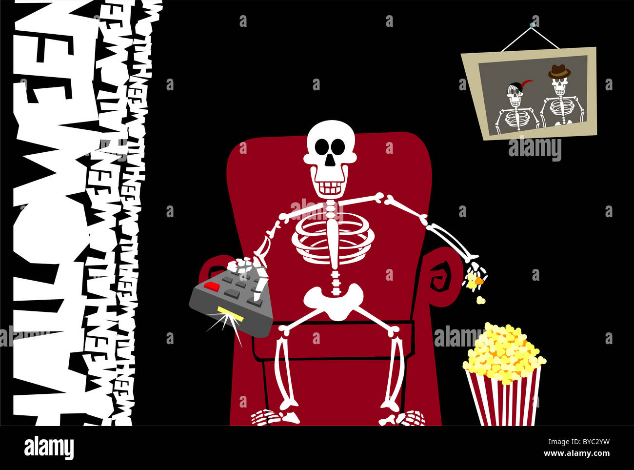Halloween skeleton zapping and eating popcorn on a red couch. Black ...