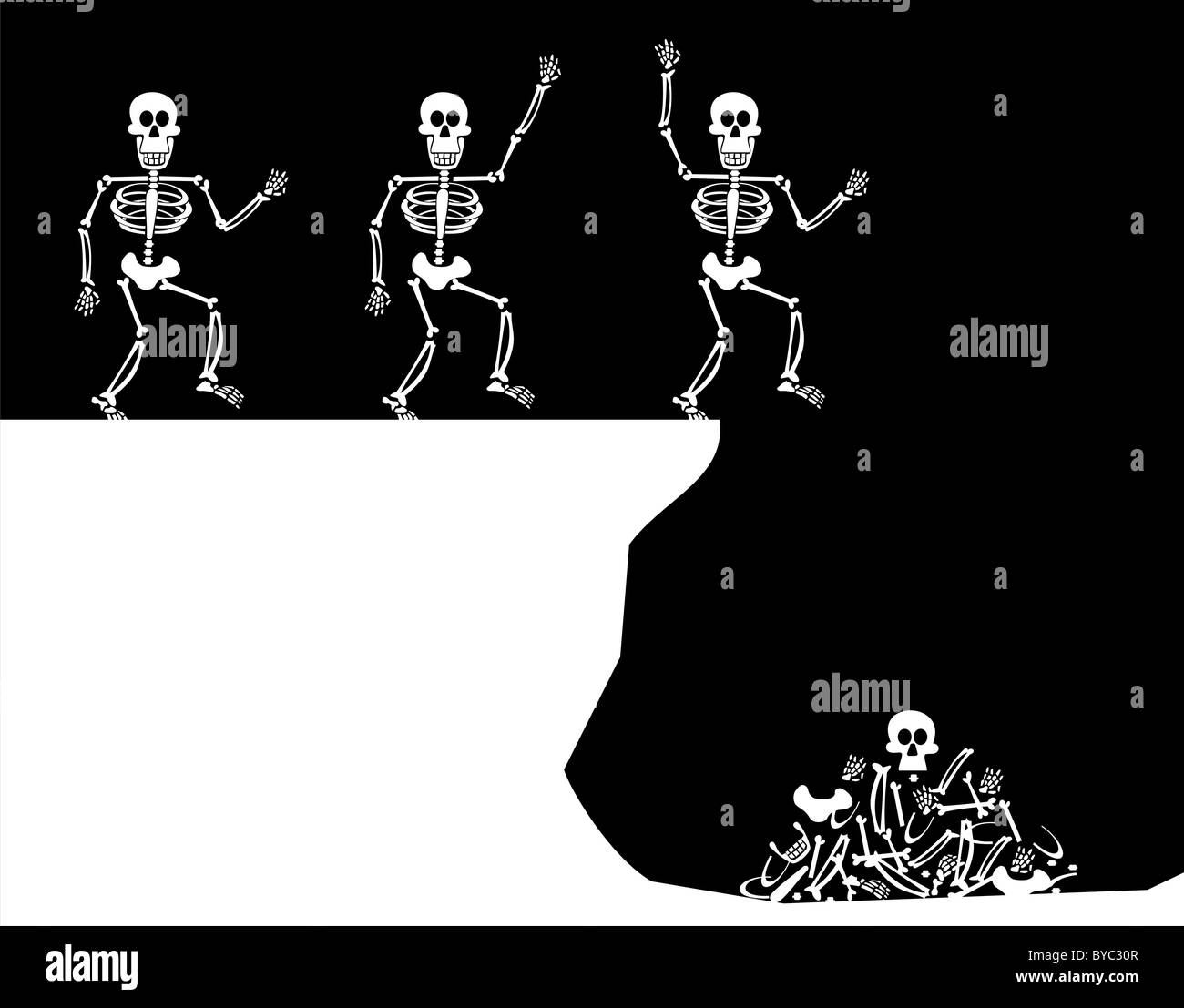 Halloween Skeleton jumping off a cliff. Four stages till bones piled up ...