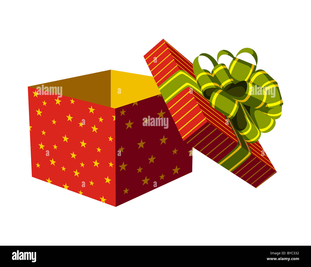 Red open gift box with green and golden ribbon. White background ...