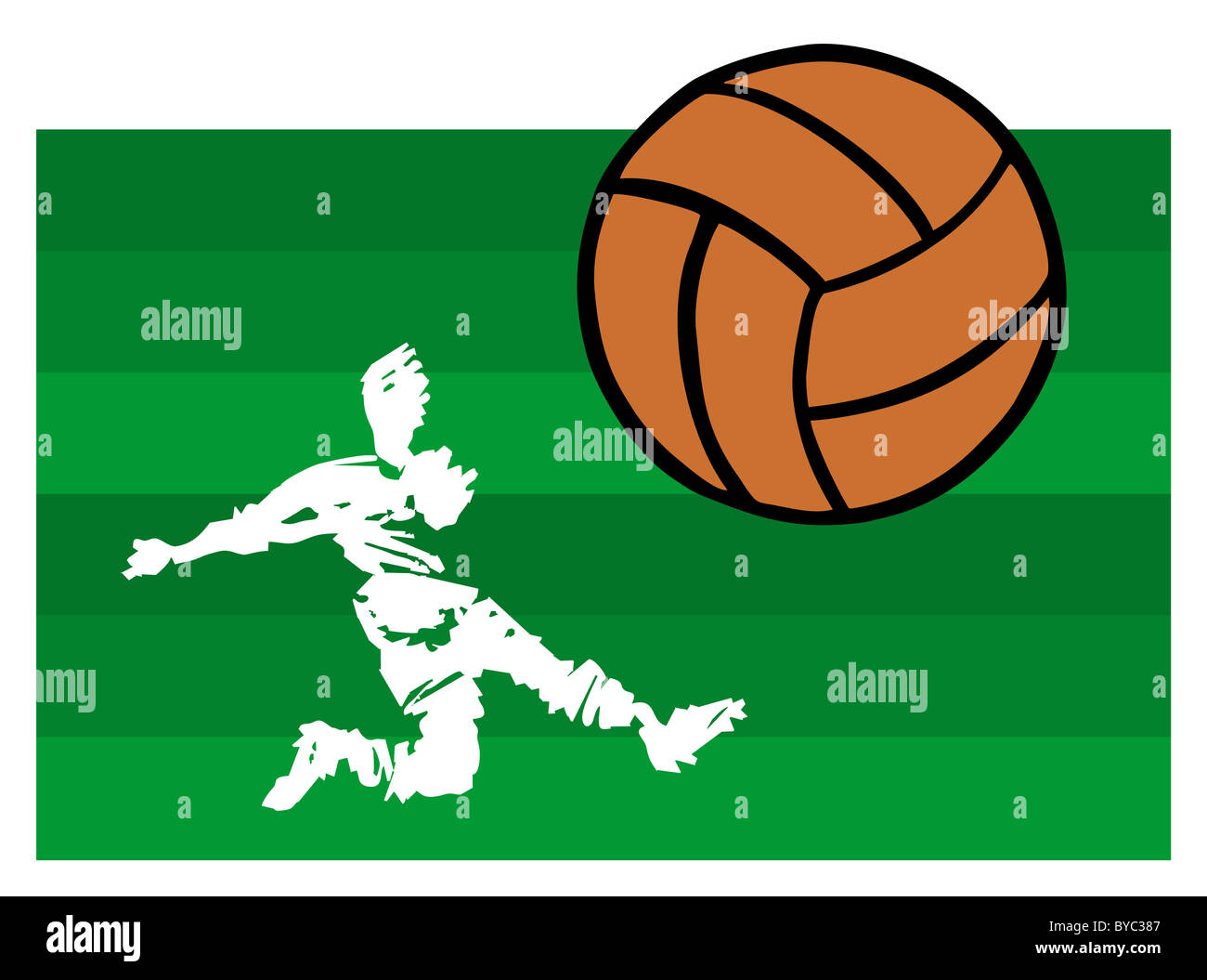 Soccer player shooting an orange big ball over horizontal green lines ...