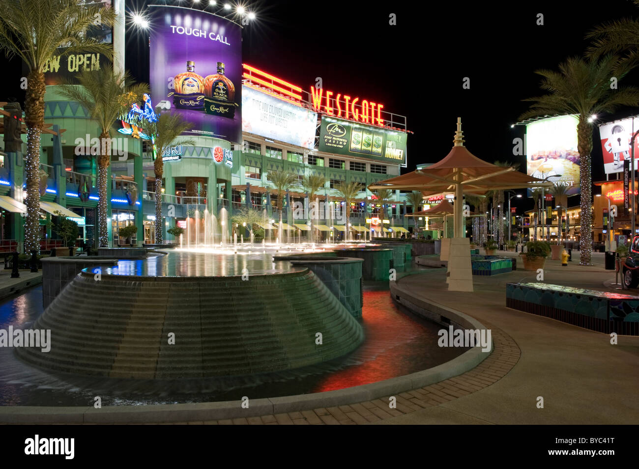 The central court(night) fountains and large sign at Westgate Center ...