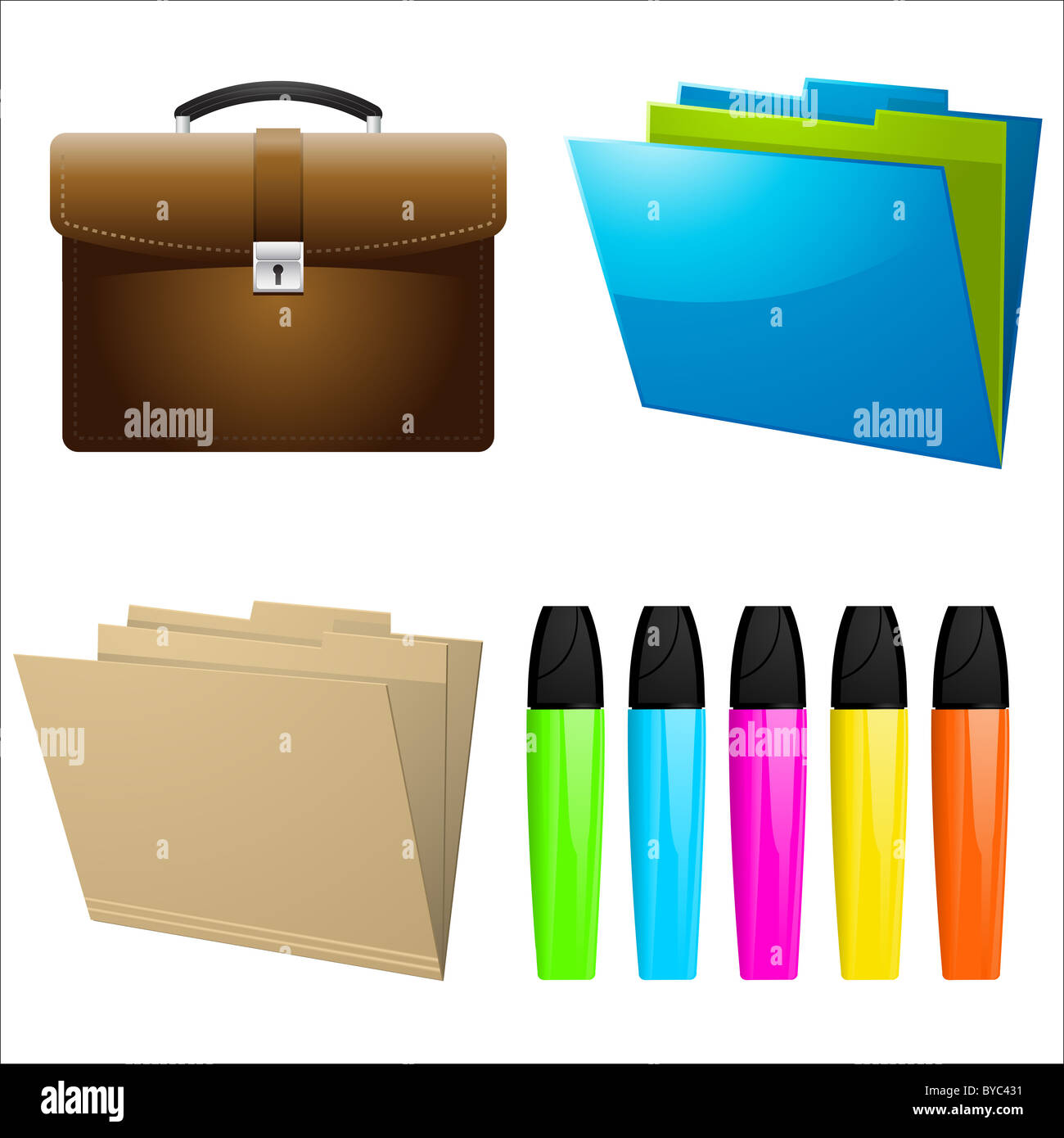 Briefcase, glossy folder, manila folder and highlighter pen design ...