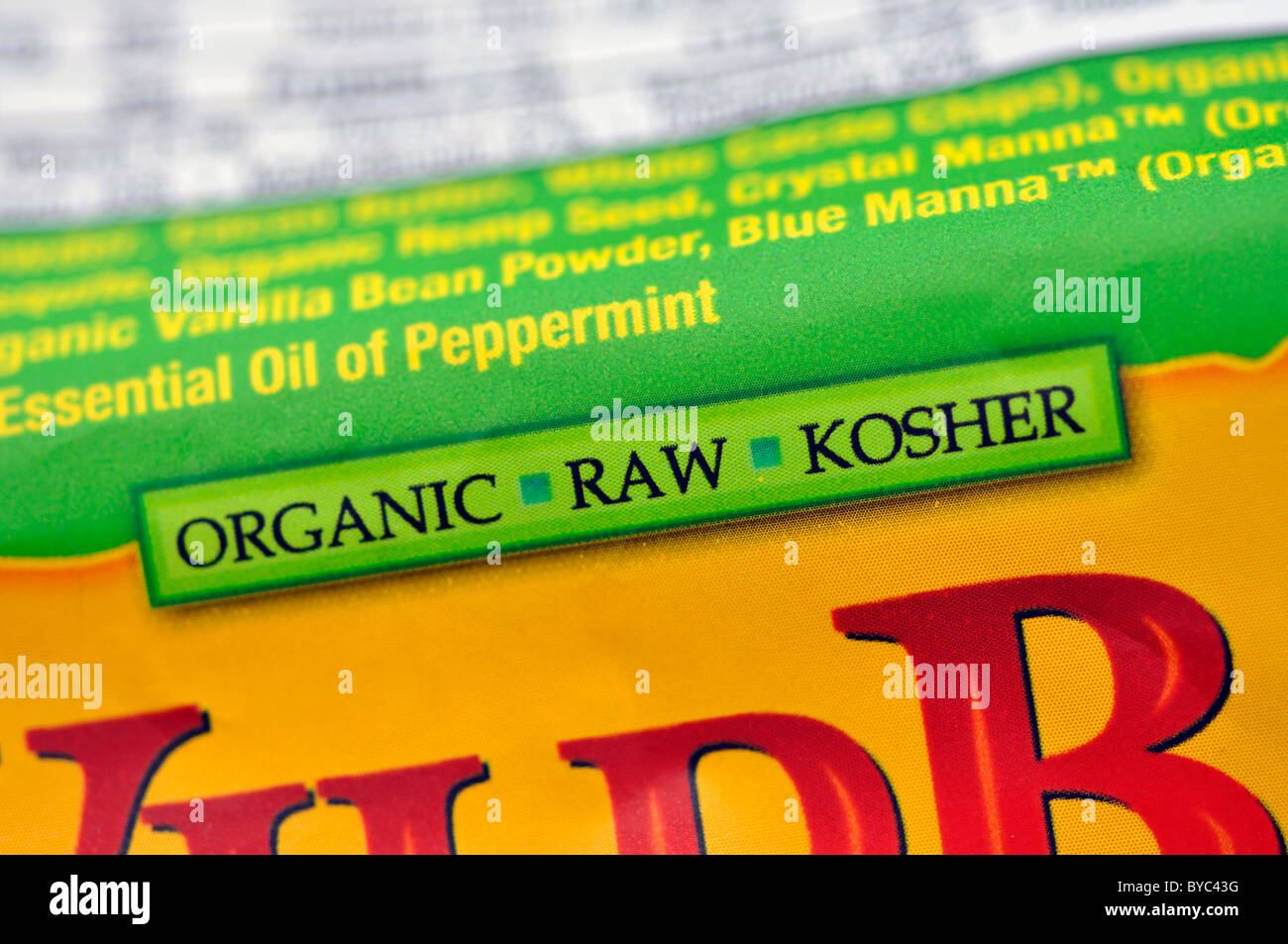 Organic, Raw & Kosher signs on food package Stock Photo - Alamy