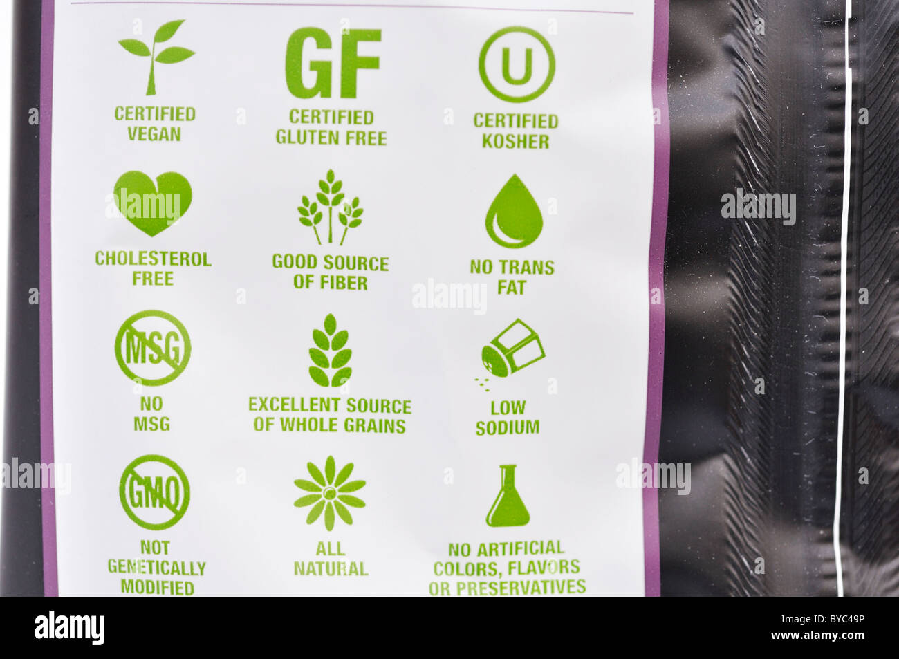 Healthy food signs on corn chips package Stock Photo - Alamy
