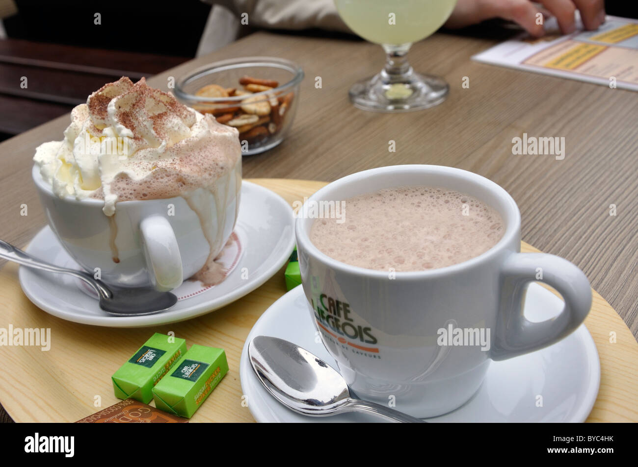 Brussels cafe, Belgium - coffee with whipped cream and hot cocoa Stock ...