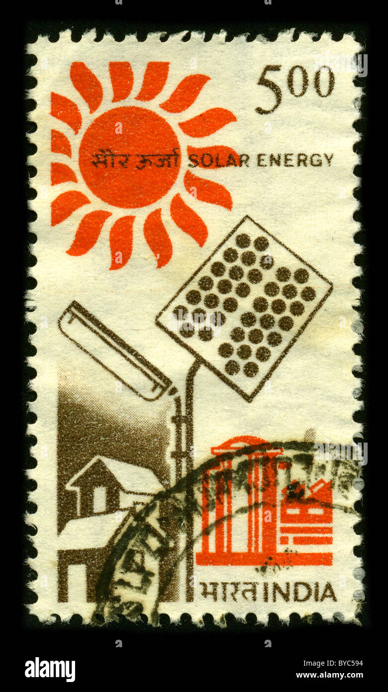 INDIA - CIRCA 1980: A stamp dedicated to the Solar energy, radiant ...
