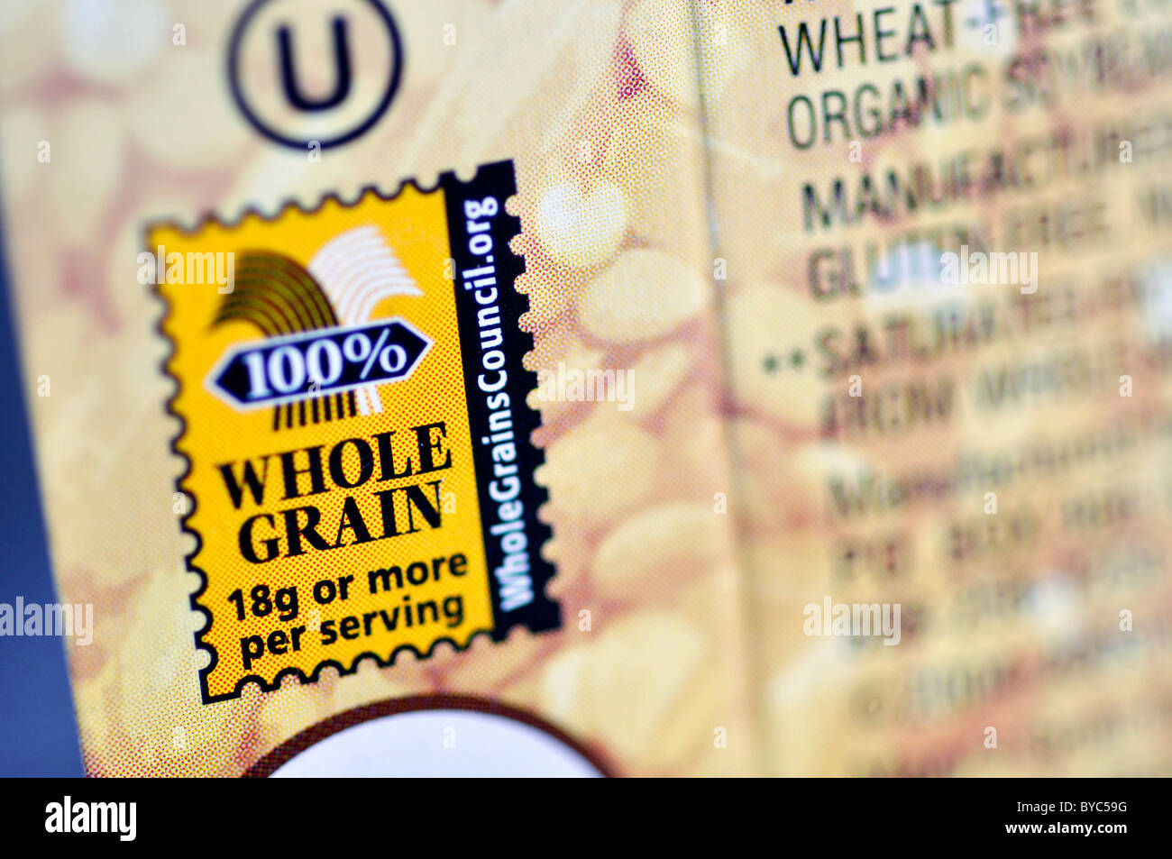 100% whole grain signs on food package Stock Photo - Alamy