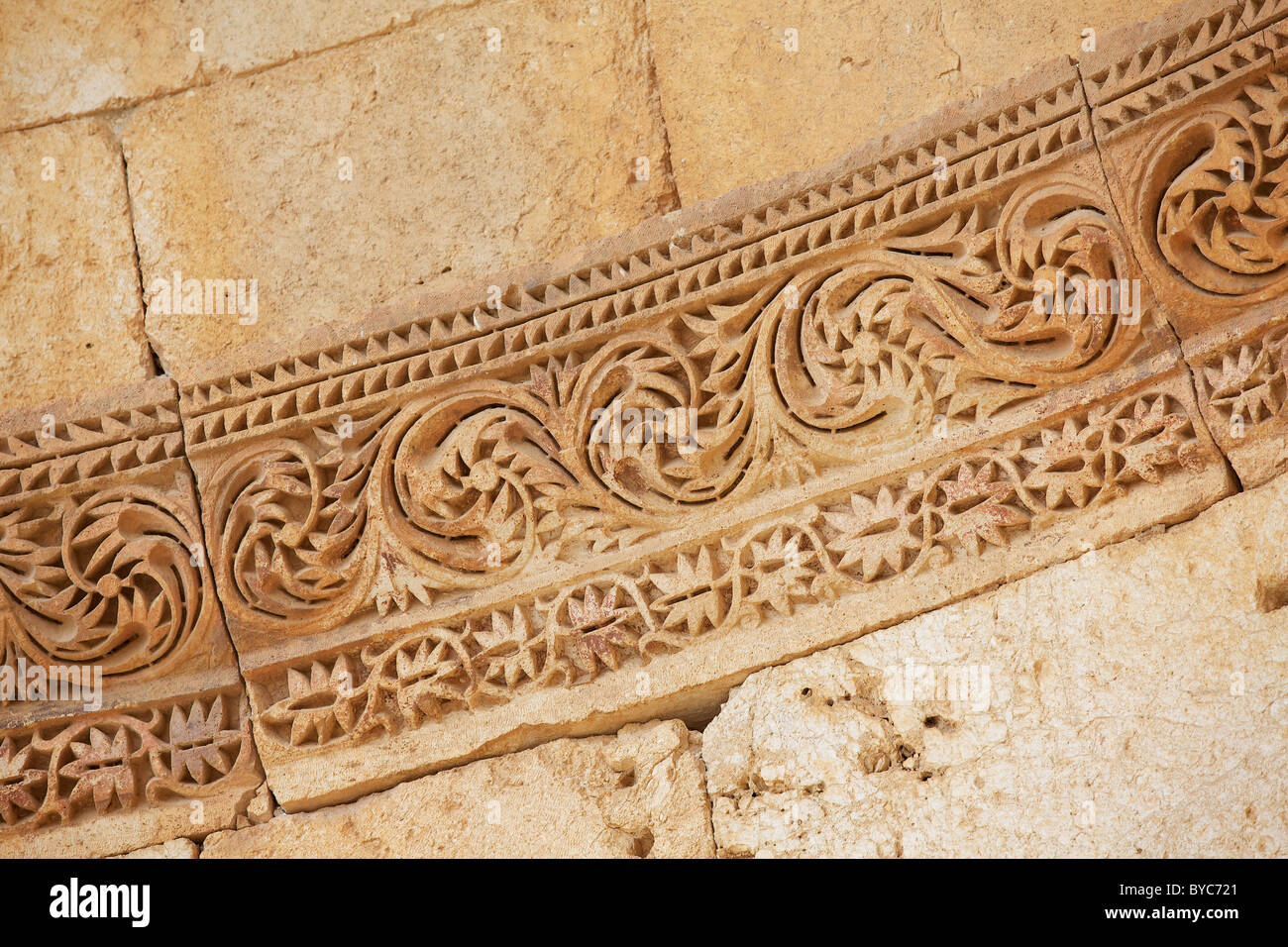 Stone carving detail in ruins of St Simeon Basilica, Aleppo, Syria ...