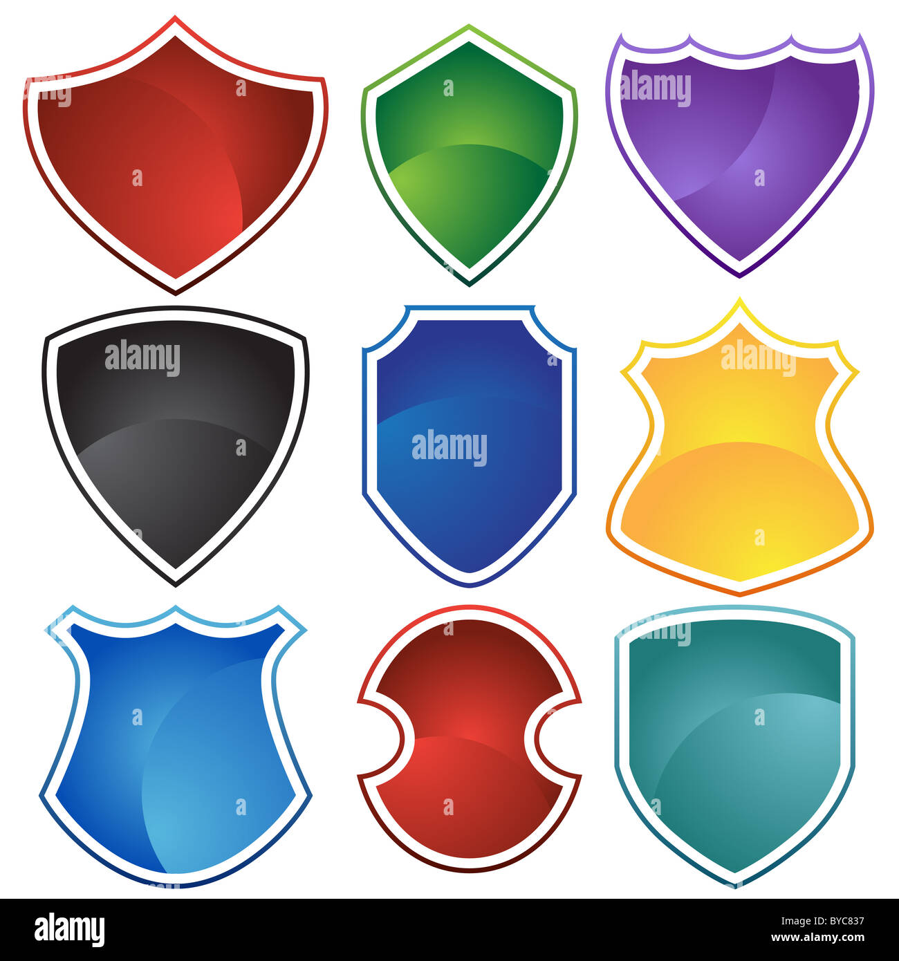 Set of 9 different shields in various colors Stock Photo - Alamy