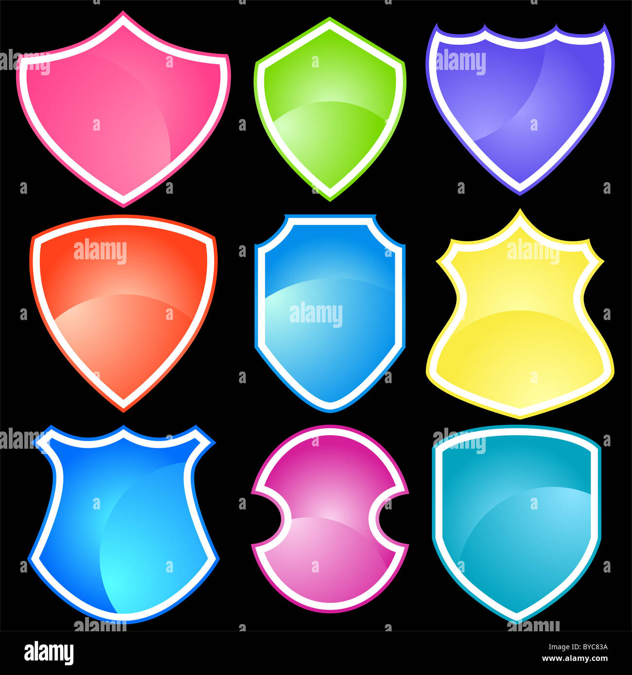 Set of 9 different shields in various colors Stock Photo - Alamy