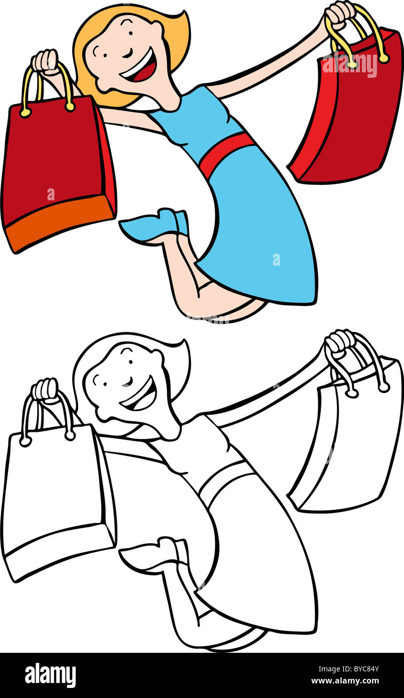 Cartoon image of a happy shopper - color and black/white versions Stock ...