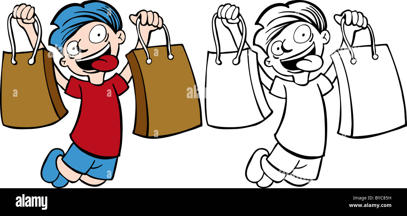 Cartoon image of a happy shopper - color and black/white versions Stock ...