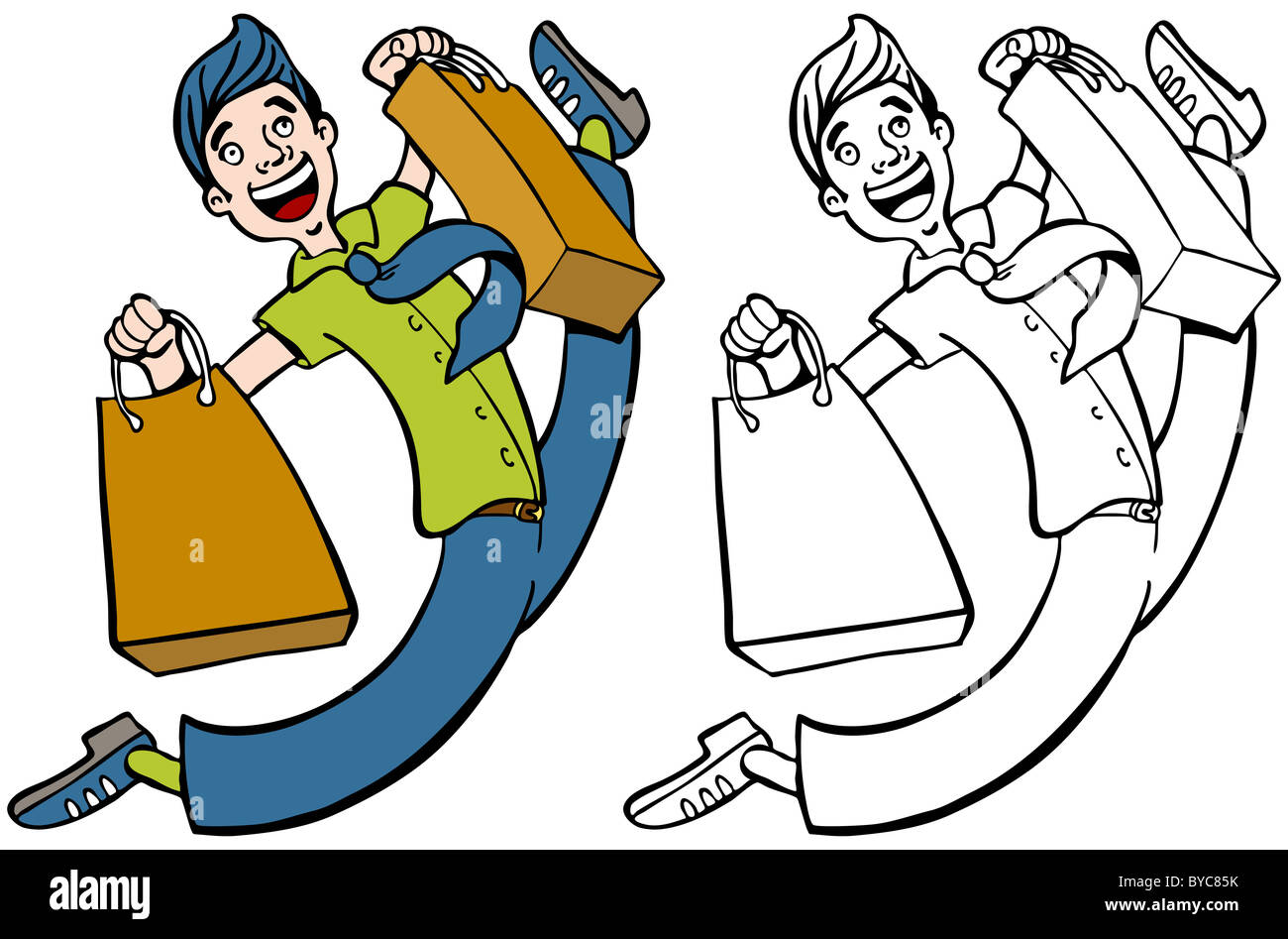 Cartoon image of a happy shopper - color and black/white versions Stock ...