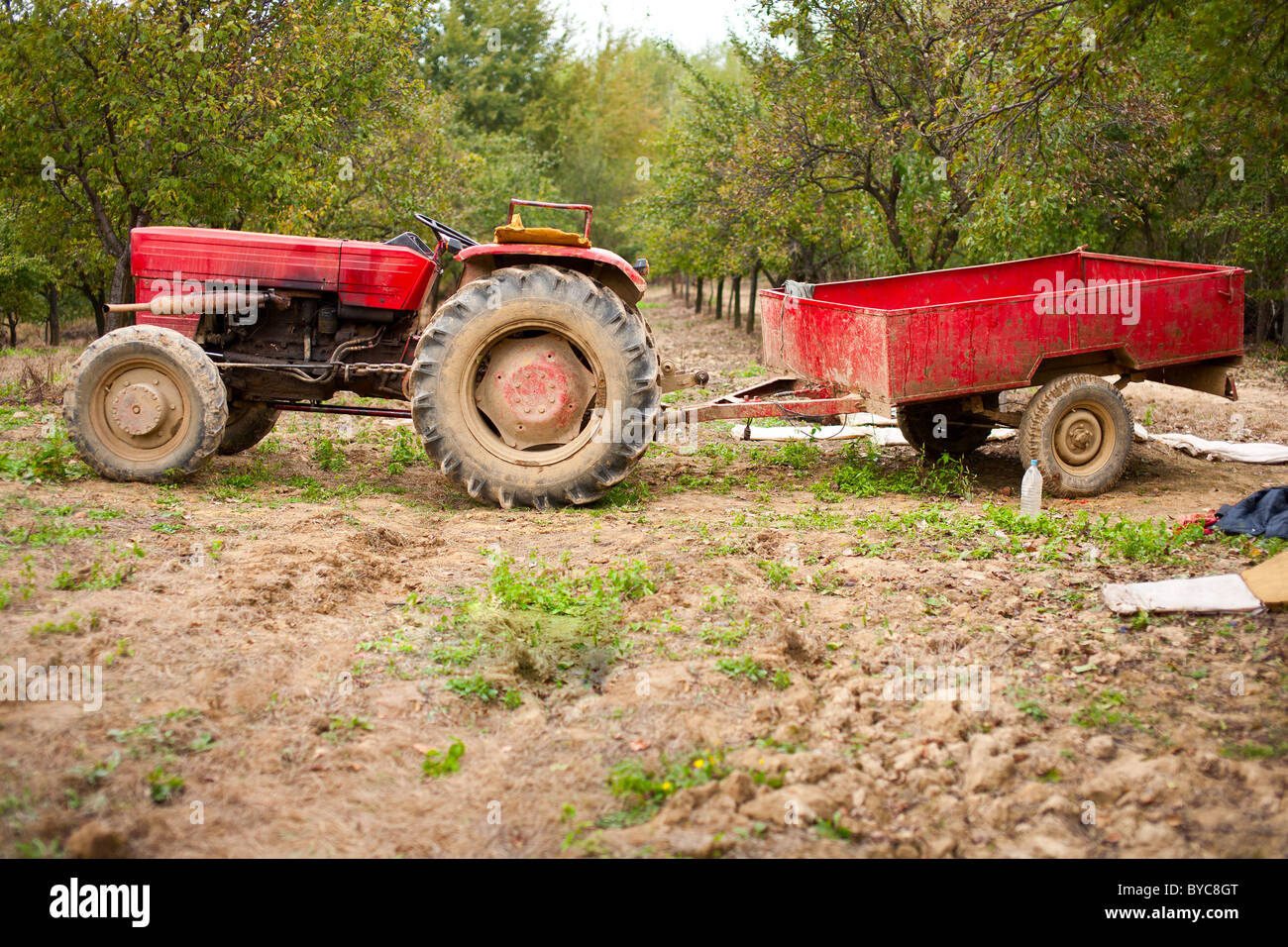 Old beaten tractor and trailer in an orchard Stock Photo - Alamy