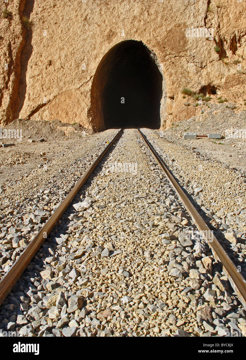 'Red Lizard' train line in a tunnel by Sledja Gorge, Tunisia Stock ...