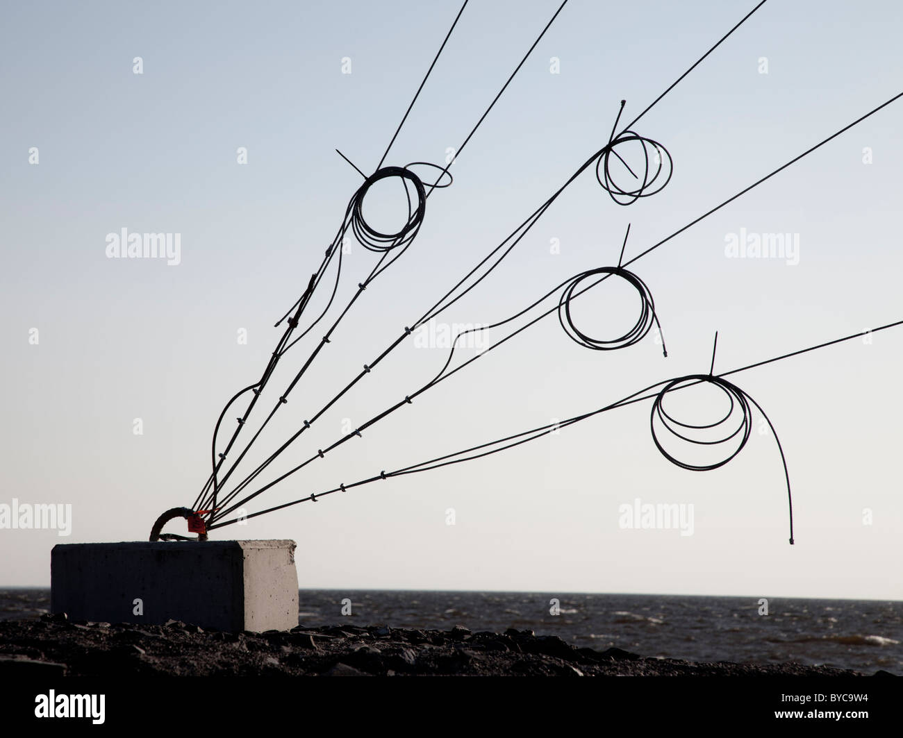 Cable anchor / fastening point , made of concrete block, and steel guy ...