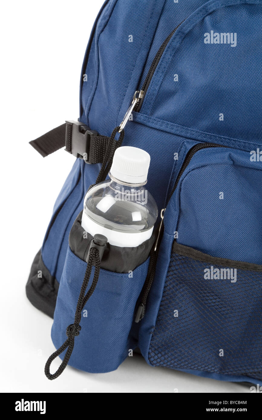 Blue backpack and water with white background Stock Photo - Alamy
