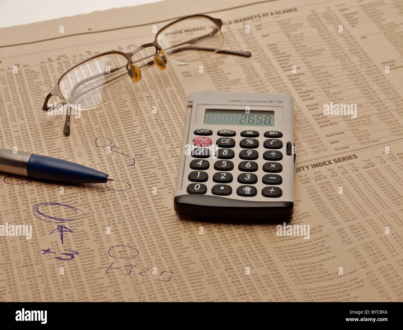 Calculator Pen And Reading Glasses On Top Of A Financial Newspaper