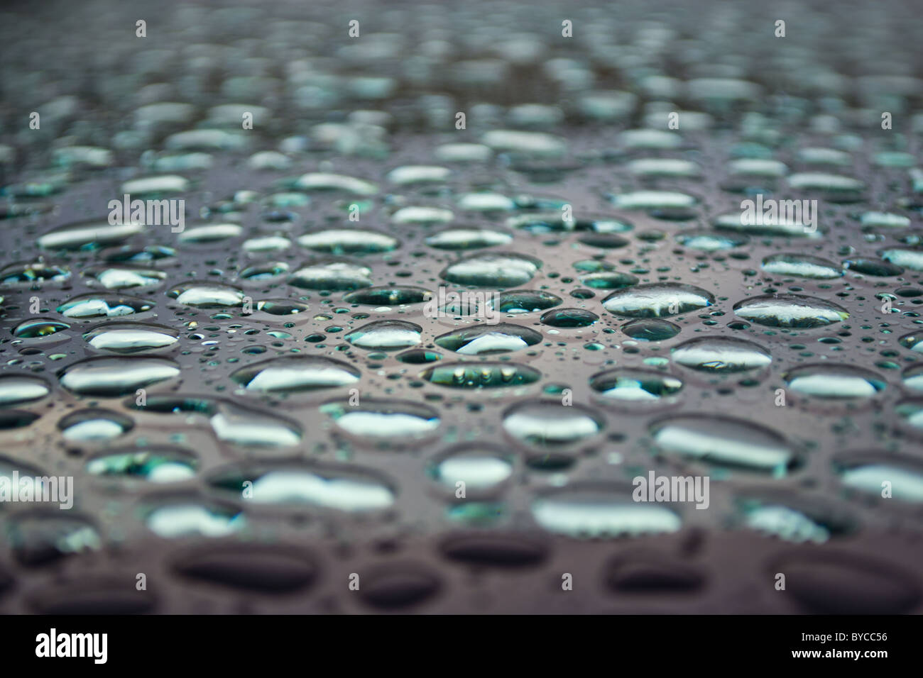 Clear water drops, dew or dripping rain droplets on glass. Pure aqua ...