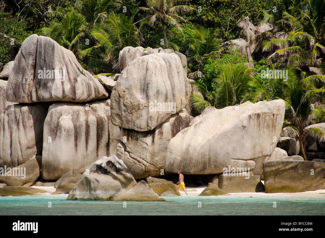 Indian Ocean, Seychelles, Coco Island. Person walking on sandy beach ...