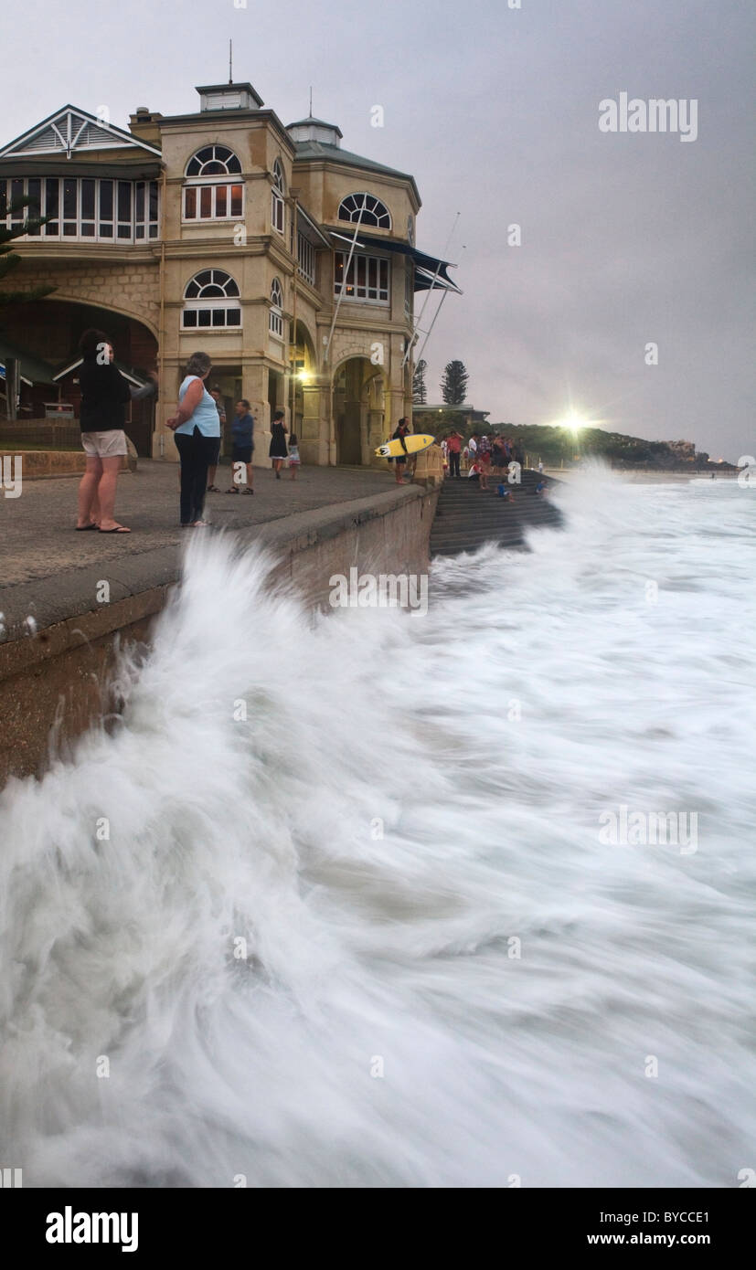 Exceptionally large high tide waves pound against the Indiana Tea Rooms ...