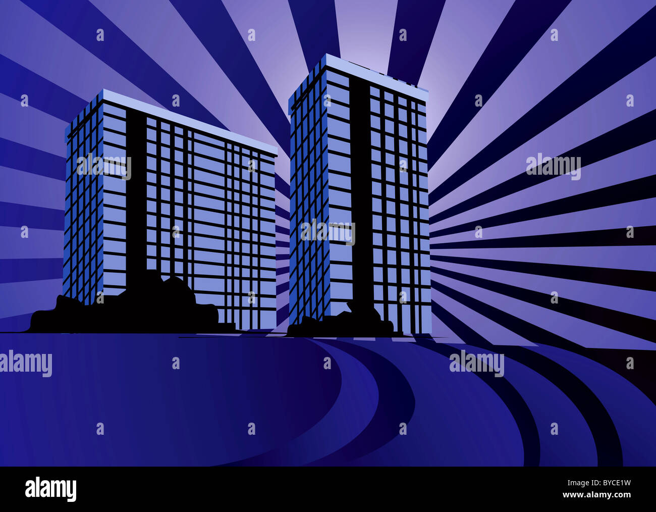 Illustration of two multi-storey buildings under radiant violet beam ...