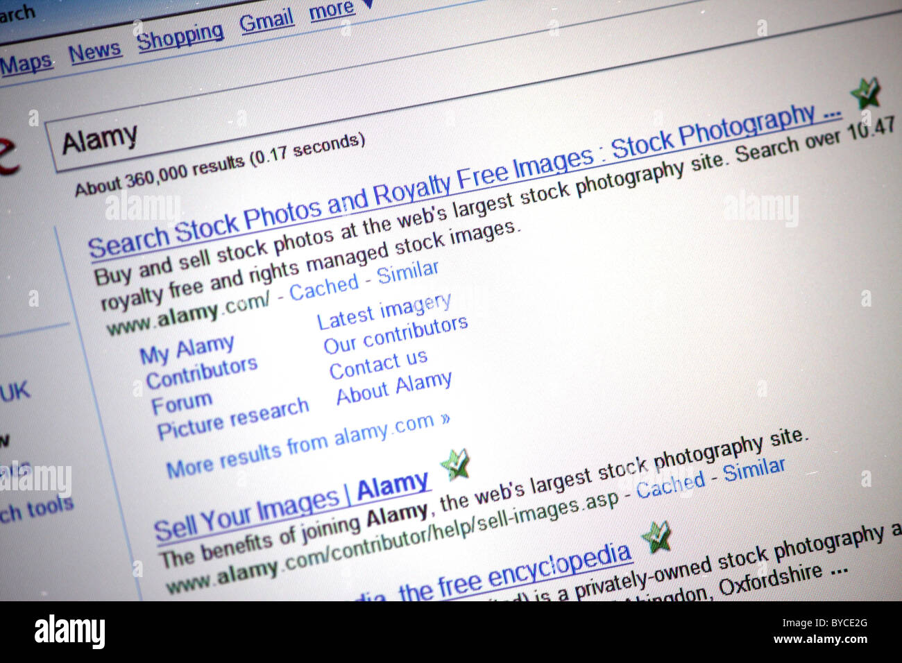 Googles search engine webpage searching for Alamy on the internet Stock ...