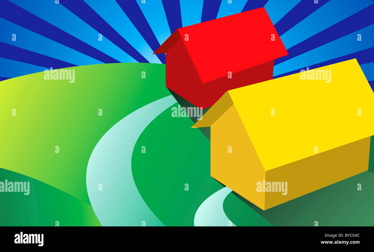 Illustration of red and yellow house in greenery surface Stock Photo ...