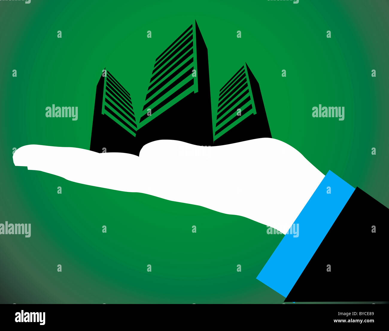 Illustration of a hand keeping buildings in palm Stock Photo - Alamy