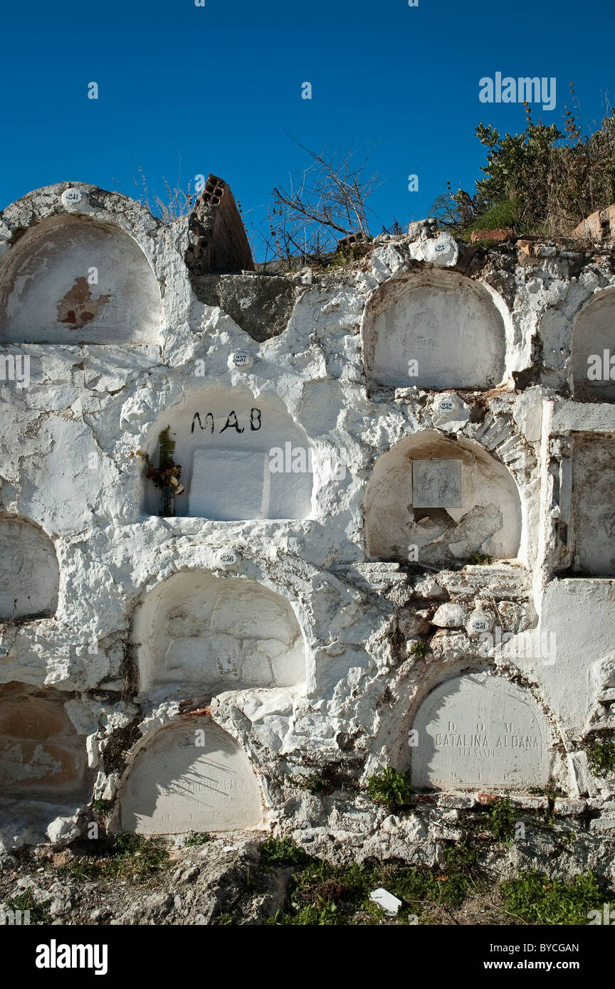 Traditional tombs at peaceful white cemetery, Andalusia, Spain Stock ...