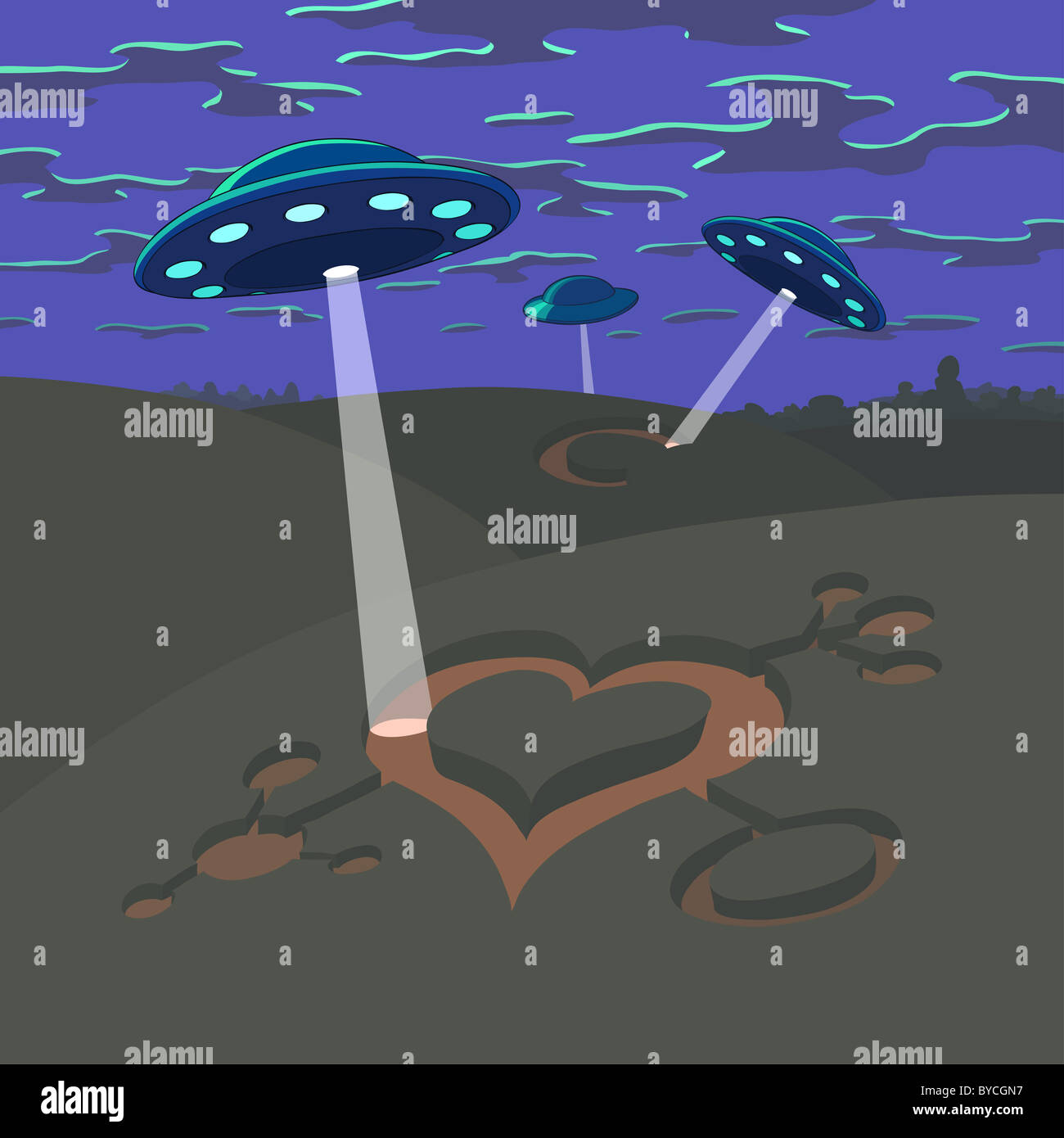At Valentine's Day a few UFO vehicles draw a heart signs on fields ...