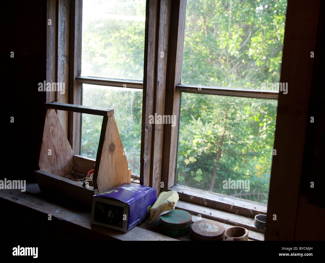 Old wooden toolbox and other stuff on window ledge , Finland Stock ...